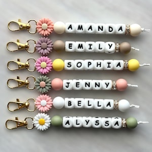 Beaded Silicone Name Keychains, Personalized Flower Name Tag, Custom ...