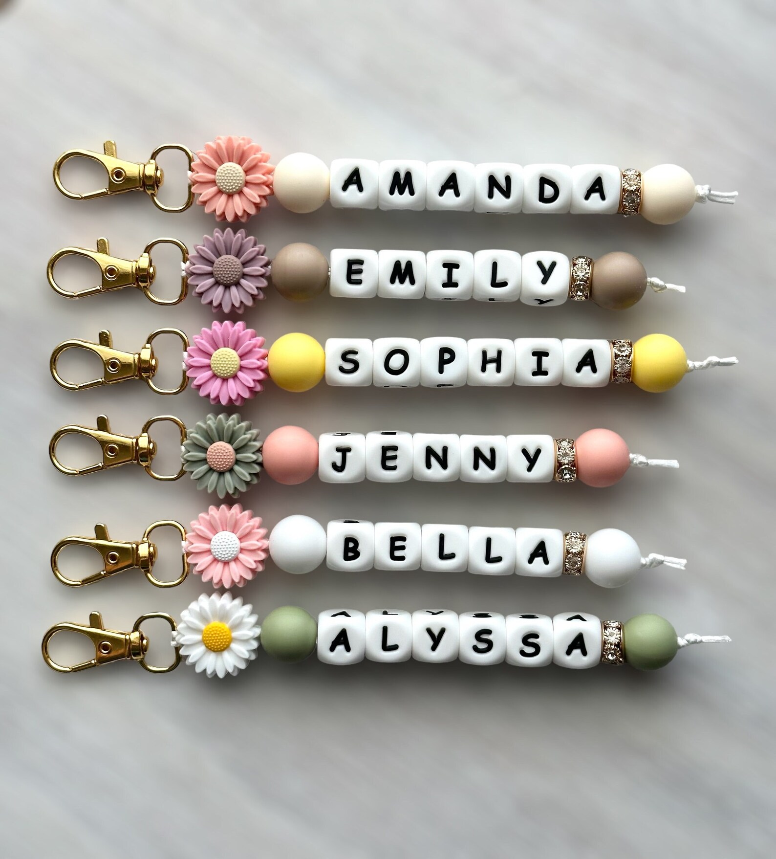 Beaded Silicone Name Keychains, Personalized Flower Name Tag, Custom ...
