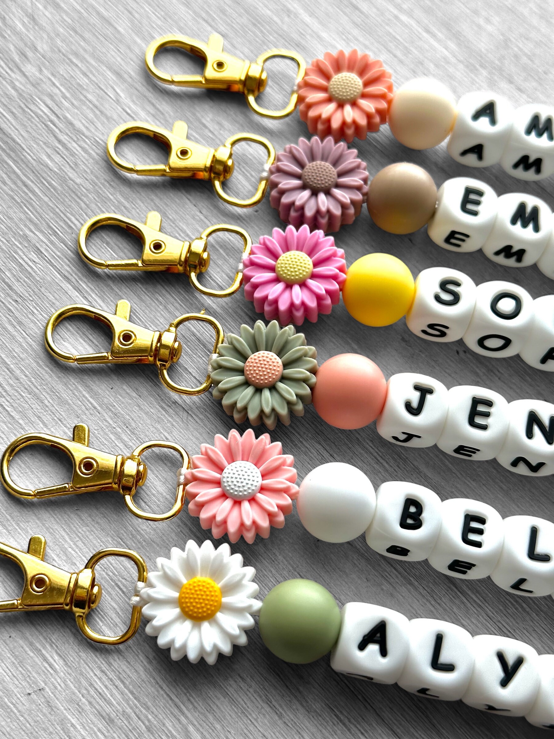 Beaded Silicone Name Keychains, Personalized Flower Name Tag, Custom ...