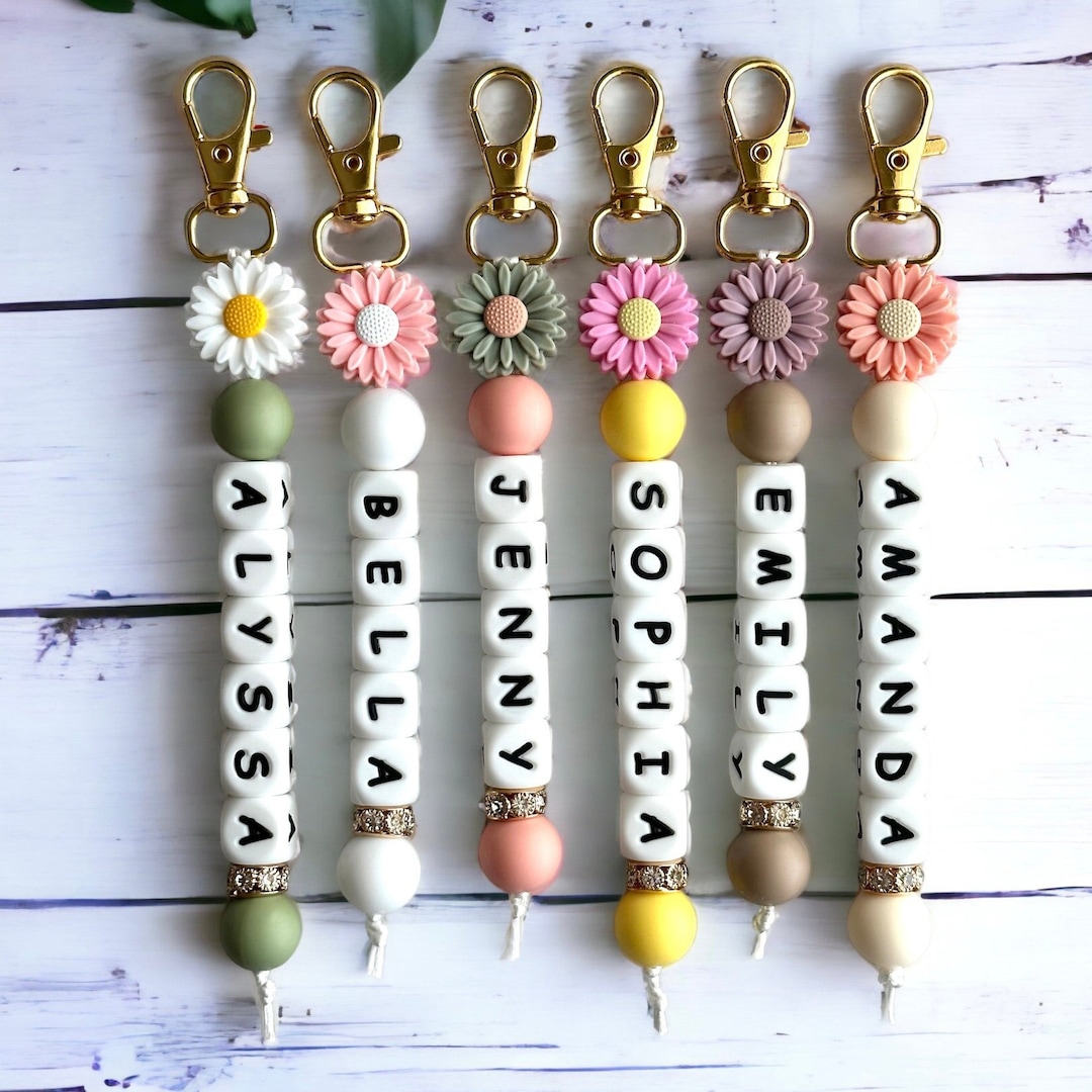Beaded Silicone Name Keychains, Personalized Flower Name Tag, Custom ...