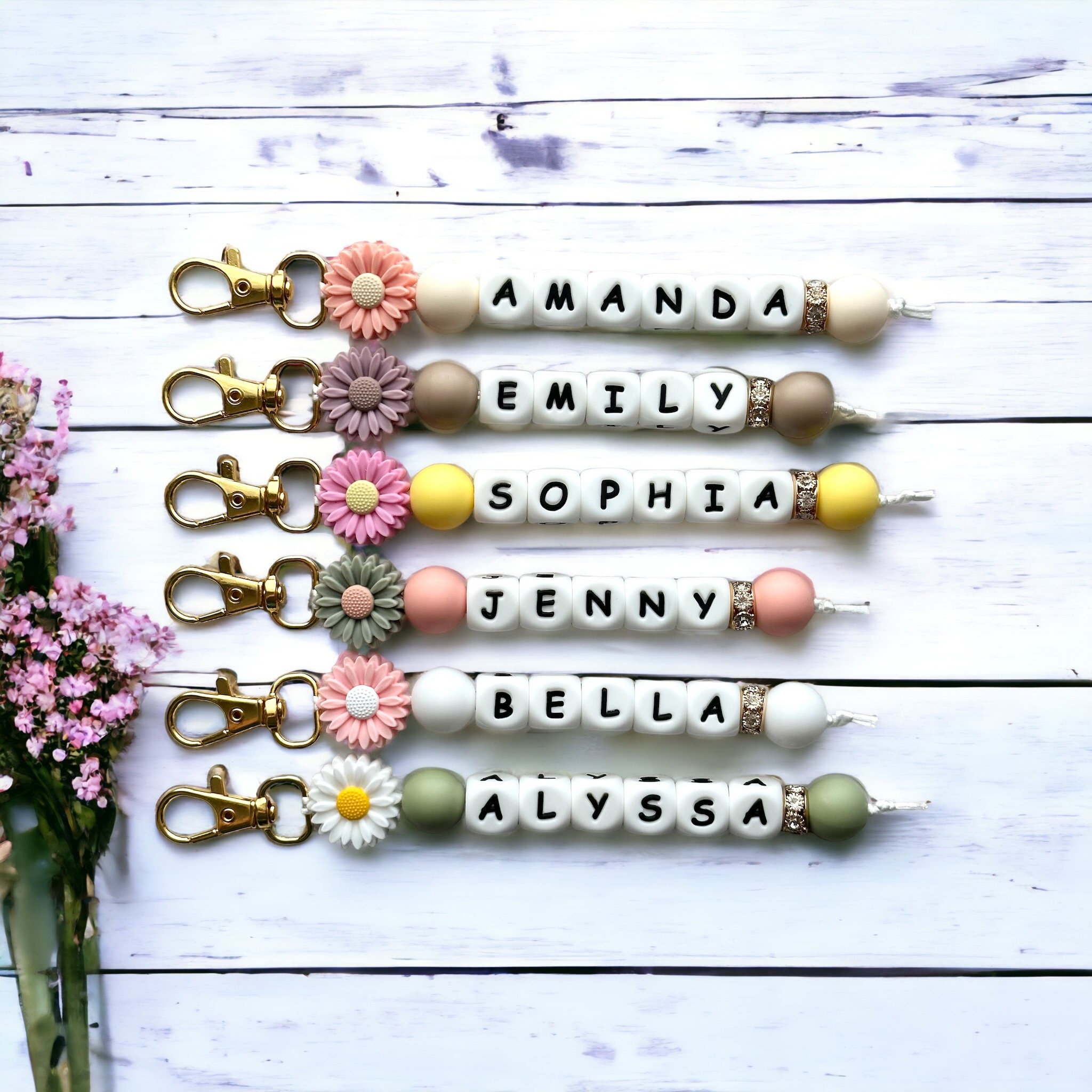 Beaded Silicone Name Keychains, Personalized Flower Name Tag, Custom ...