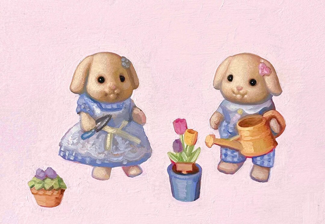 Flora Rabbits (oil Painting on Paper) - Etsy