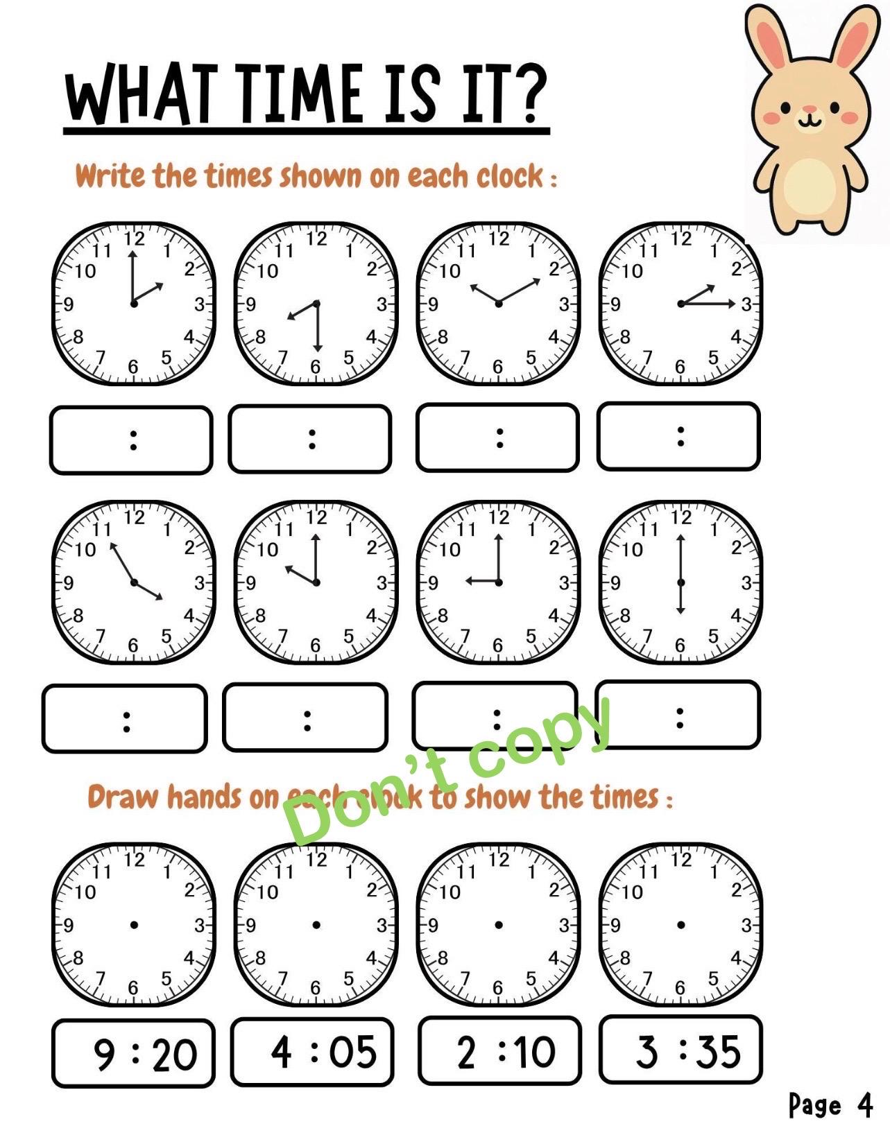 Telling Time Clock Worksheets: Kids Learning Activity (4 Pages PDF) - Etsy