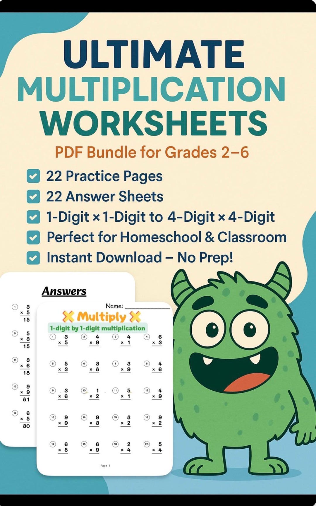 Ultimate Multiplication Worksheets Bundle PDF | 22 Practice Pages + 22 ...