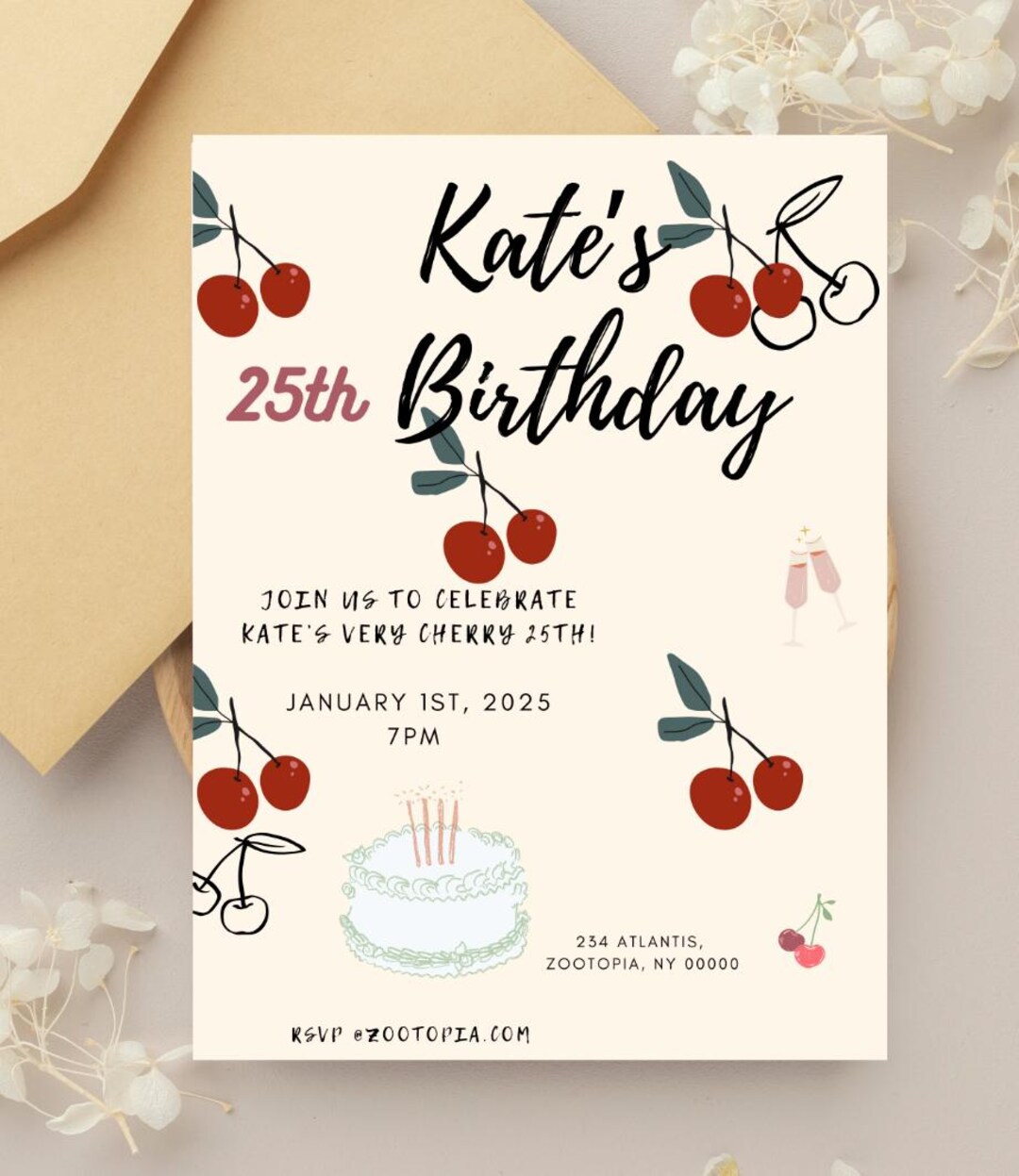 Editable Very Cherry Birthday Invitation - Etsy