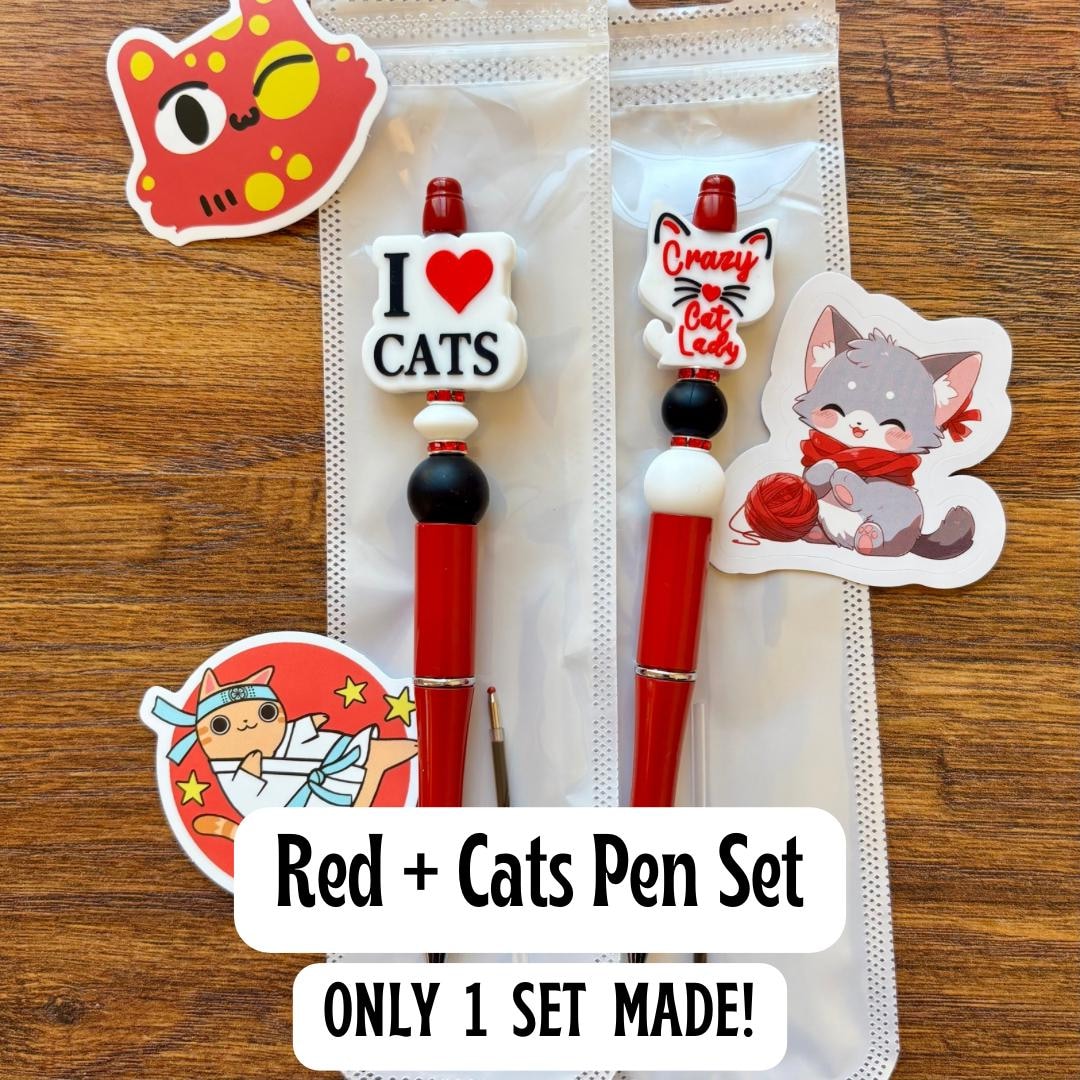 Red Cat Pen Set Gift | I Love Cats Pen + Crazy Cat Lady Pen With ...