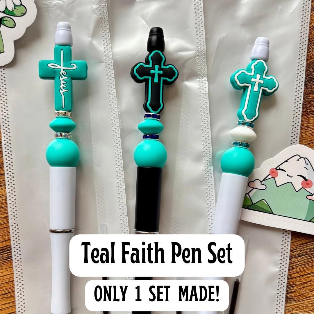 Teal Faith Pen Set With Cross Charms | Bible Study Pens | Faith Gift ...
