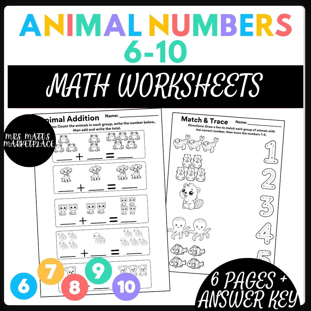 Animal Math Worksheets for Kids | Numbers 6-10 | Counting, Tracing ...