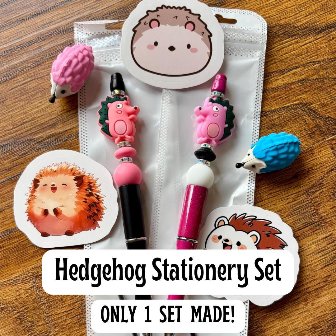 Hedgehog Pen Gift Set – Cute Beaded Pens, Stickers & 3D Erasers ...