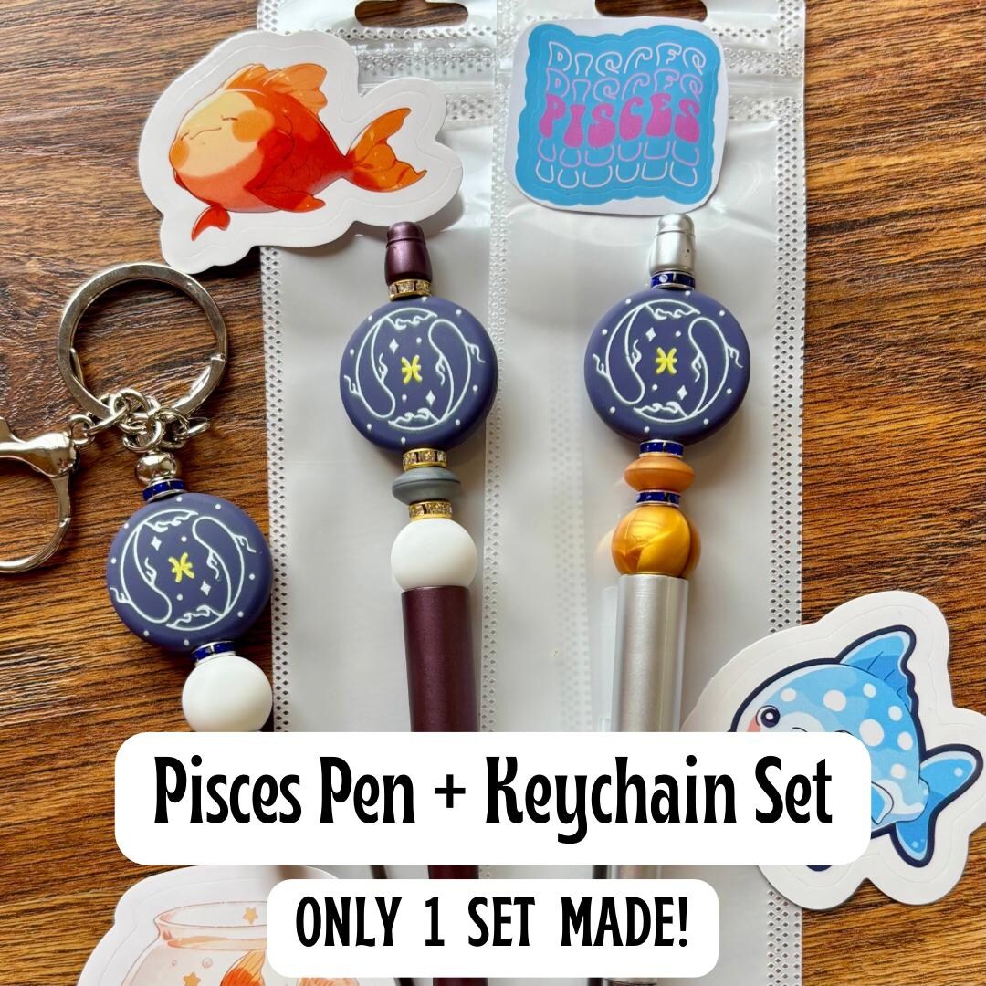Pisces Pen & Keychain Set, Zodiac Gift for Her | Handmade Beaded Pens ...