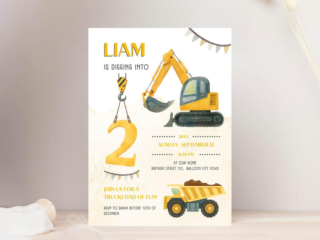2nd Birthday Excavator Invitation | Construction Site 5x7 Printable ...