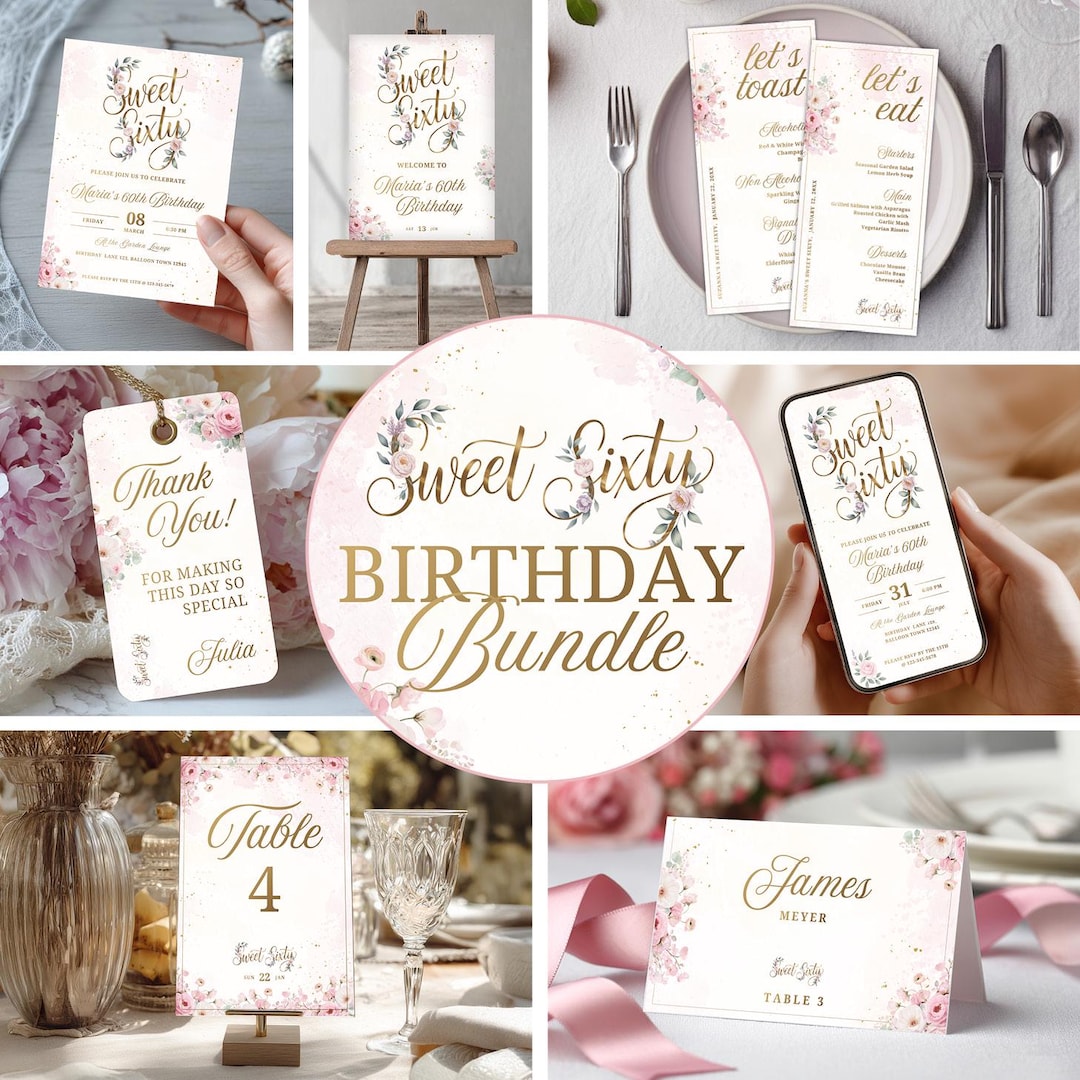 Sweet Sixty Birthday Party Bundle | Editable Canva Templates | Digital ...