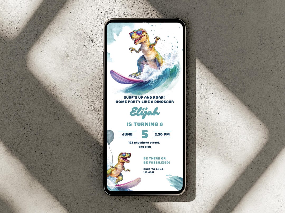 Surfing Dino Birthday Invitation | T-rex Pool Party Template for Kids ...