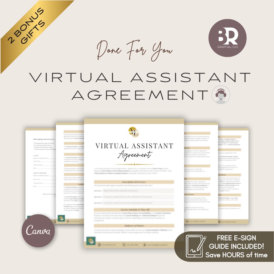 Virtual Assistant Contract & Invoice Template | Editable Canva | E-sign ...