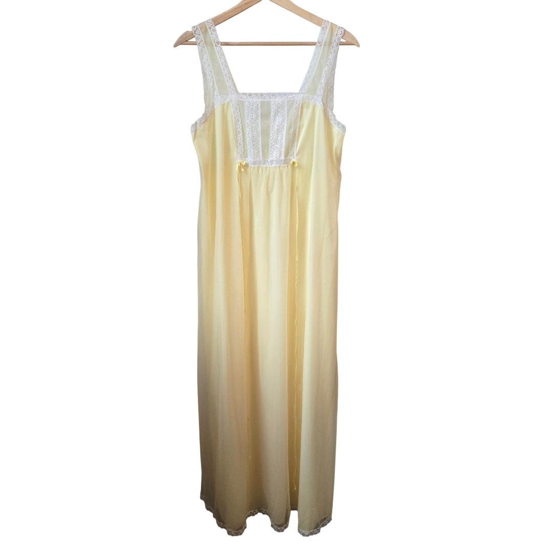 Vintage Vanity Fair Nightgown Long Yellow Nylon Lace Sheer Babydoll ...