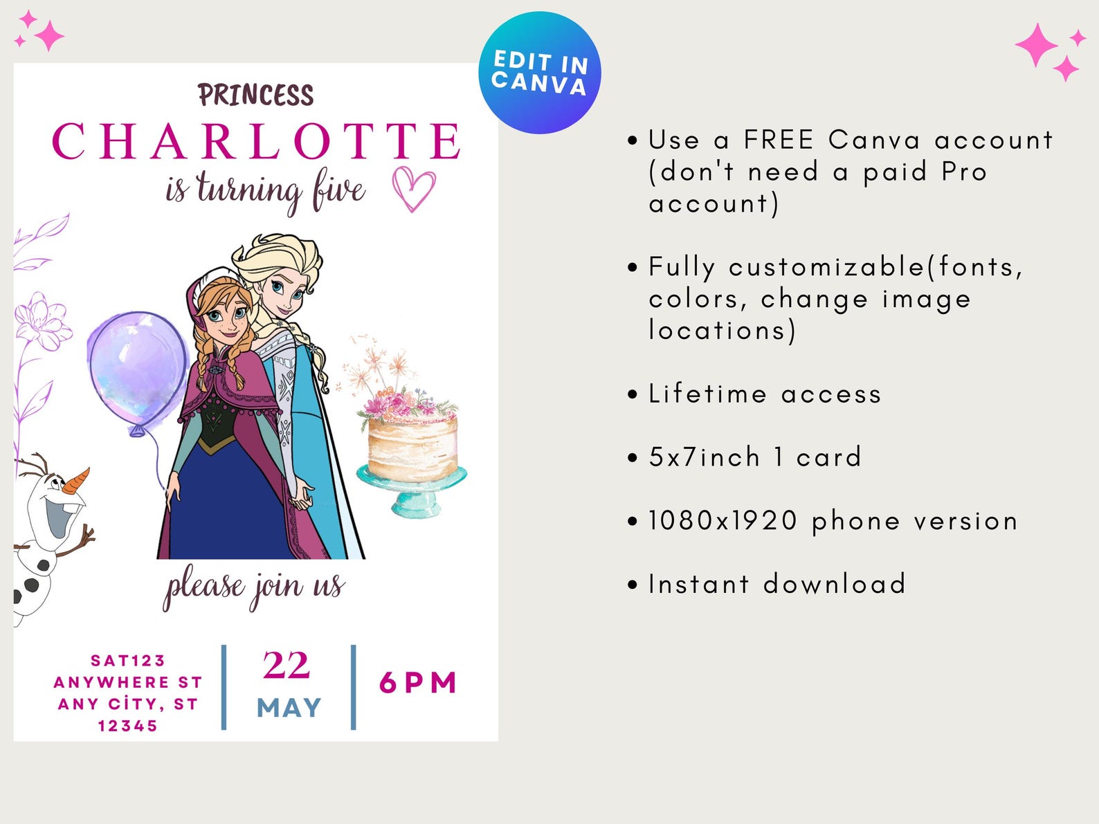 FROZEN Invitation Canva Template, Elsa Birthday Party Invite, Frozen ...