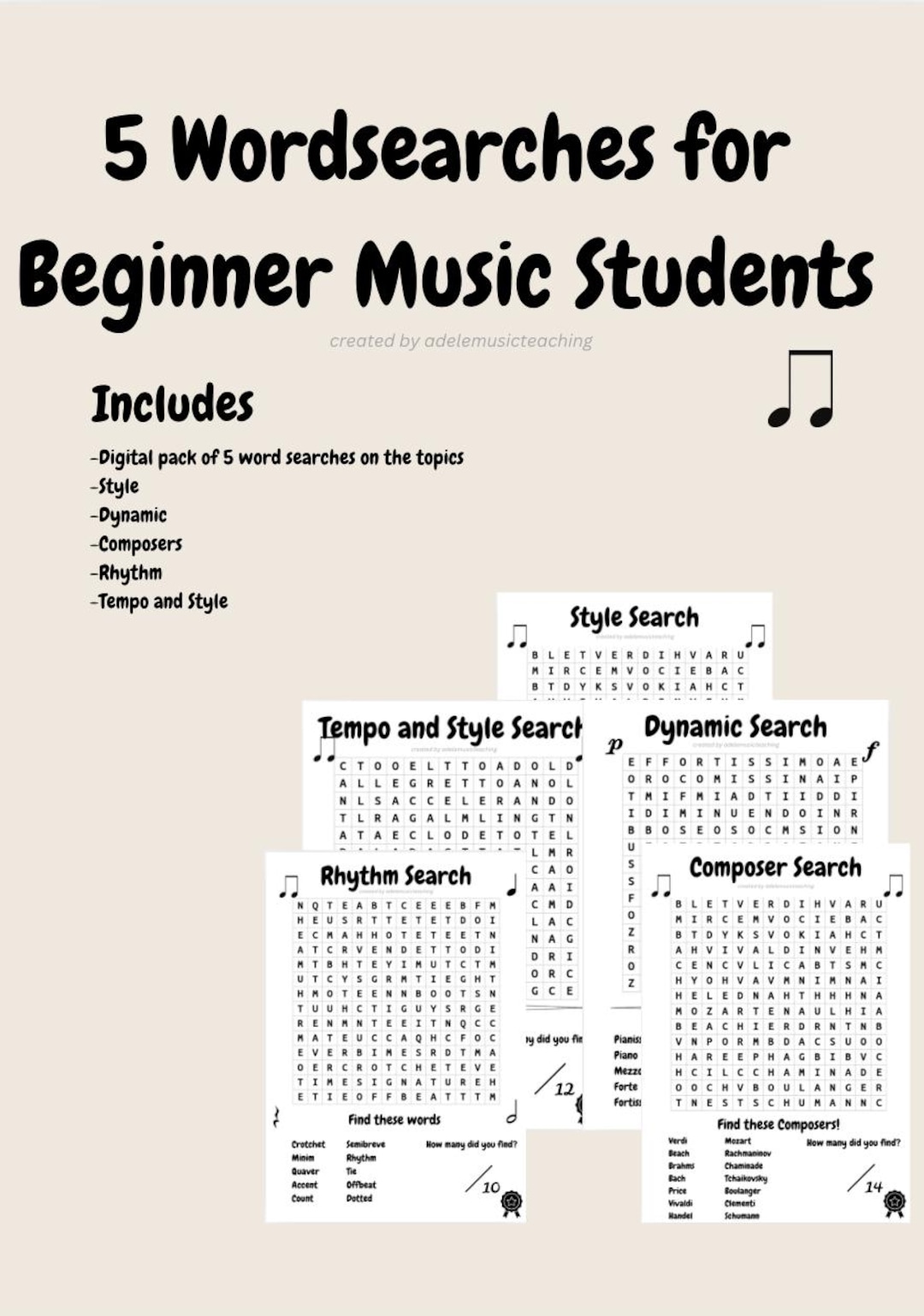 Wordsearches for Beginner Music Theory (pack of 5) - Etsy