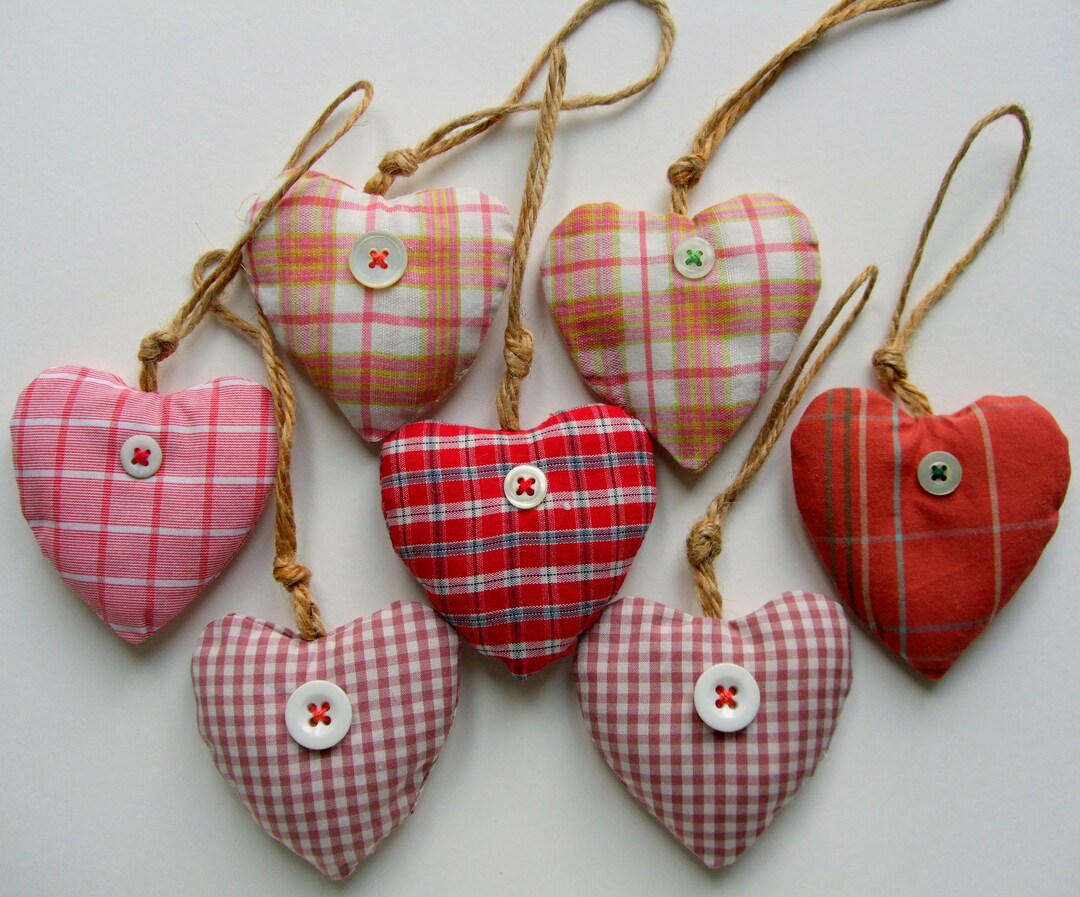 Set of 7 Checked Cottagecore Heart Decorations Tartan Plaid Ornaments ...