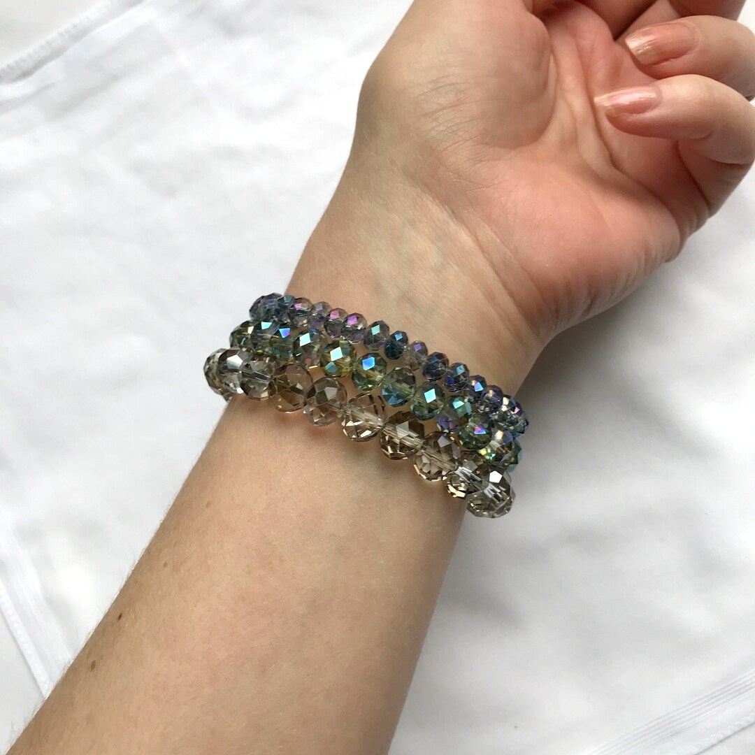 Set of Blue, Green & Grey Sparkly Glass Bead Stacking Bracelets Mixed ...