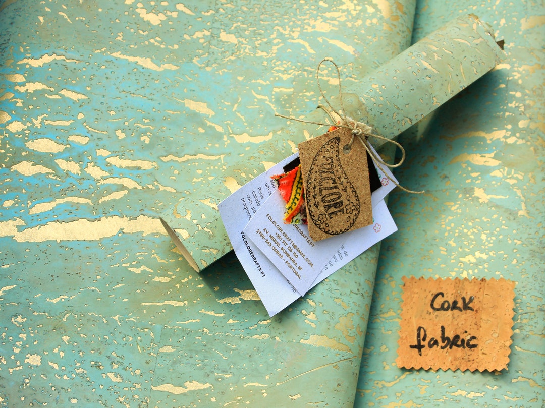 Aqua Green Cork Fabric With Gold Flecked Effect. Metallic Look Cork ...