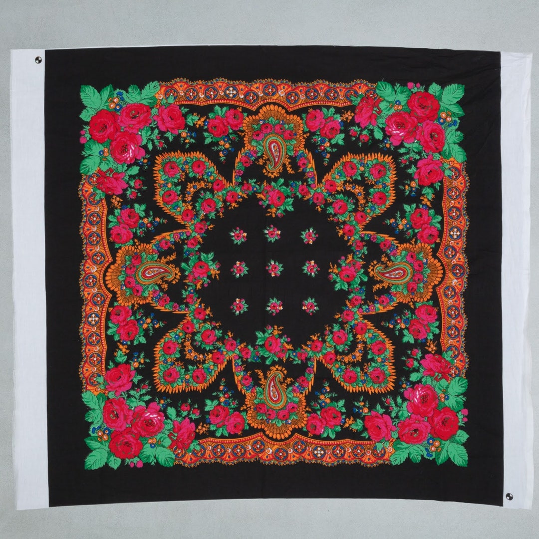 Black Portuguese Folk Scarf, Paisley Pattern Cotton Fabric by Meter ...