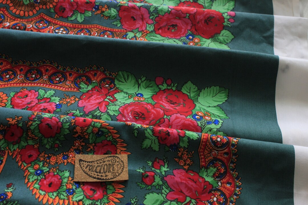 Portuguese Shawl Fabric. Green Paisley Floral Cotton Fabric for Sewing ...