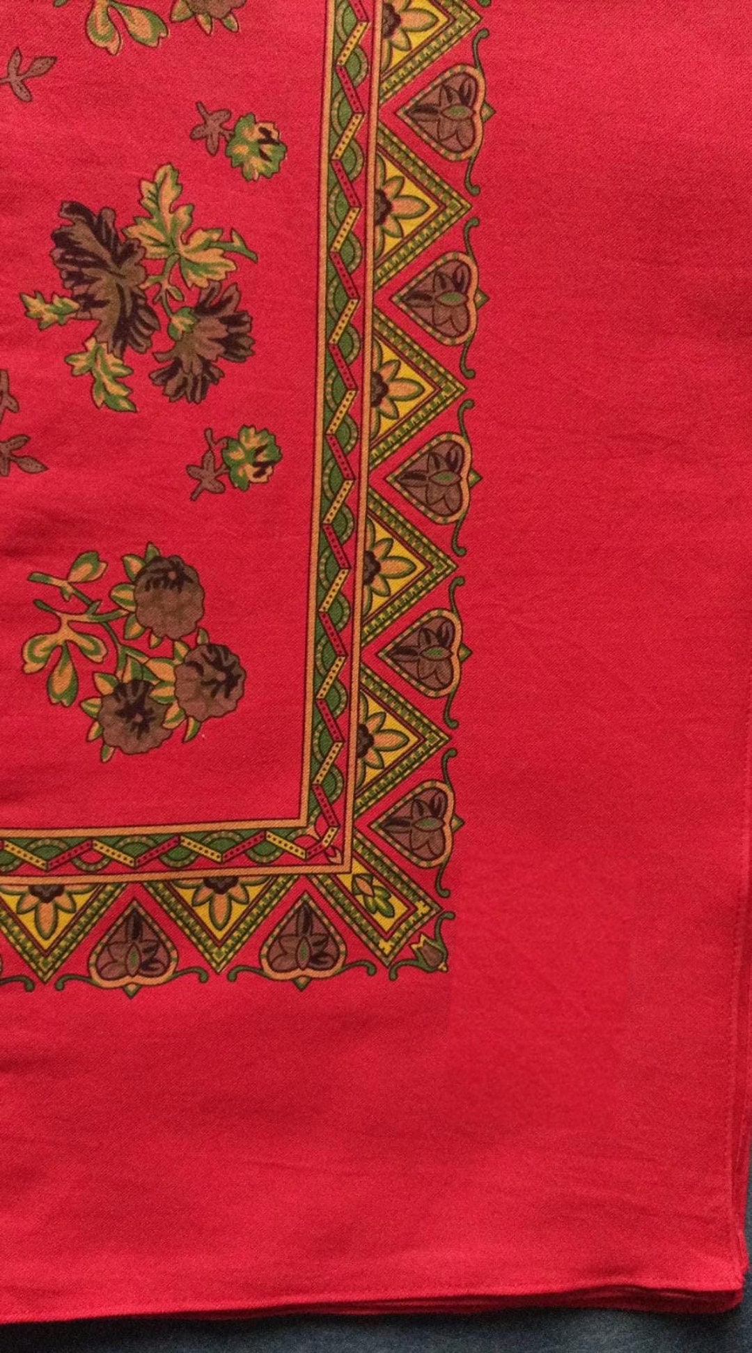 Portuguese Red Fabric With Ethnic Floral Motif in Brown, Green and ...