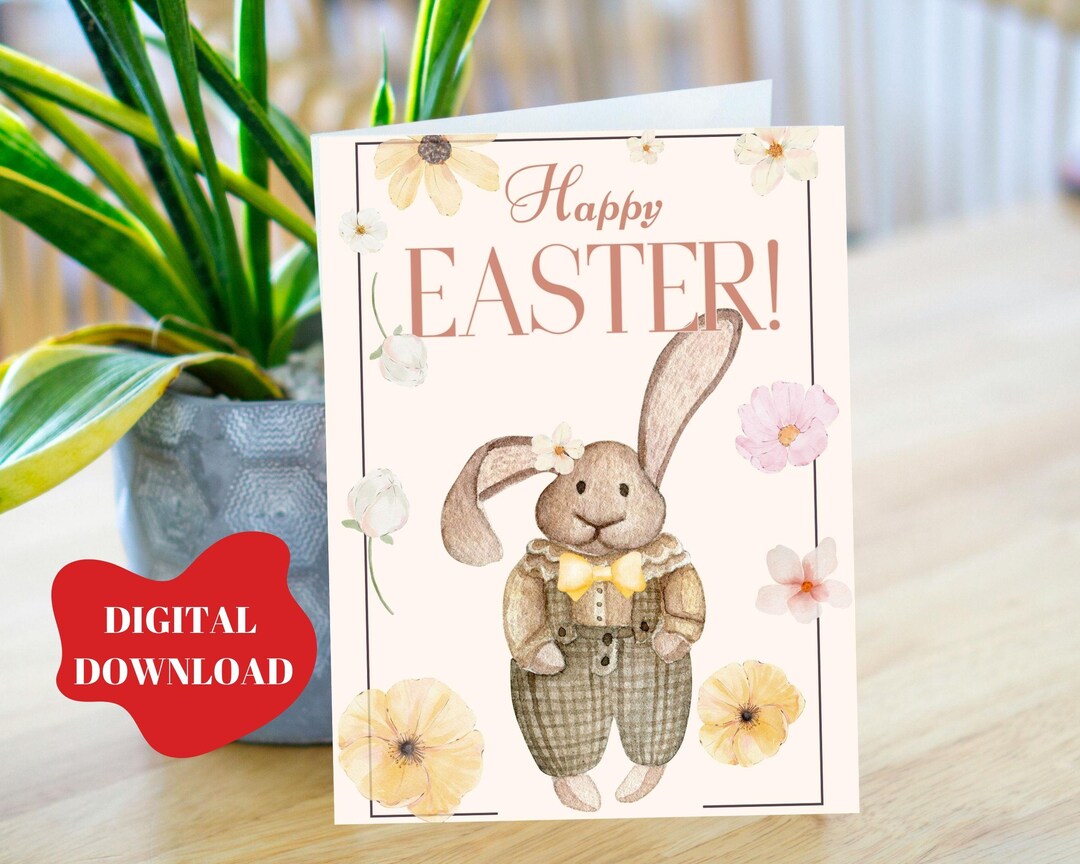 Printable Easter Card With Bunny, Instant Download Happy Easter Card, Happy Easter Greeting Card ...