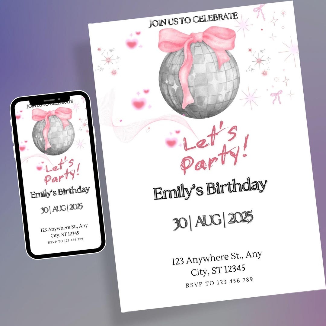Digital Birthday Inivitation Custom Party Invite Pink Glitter Disco ...