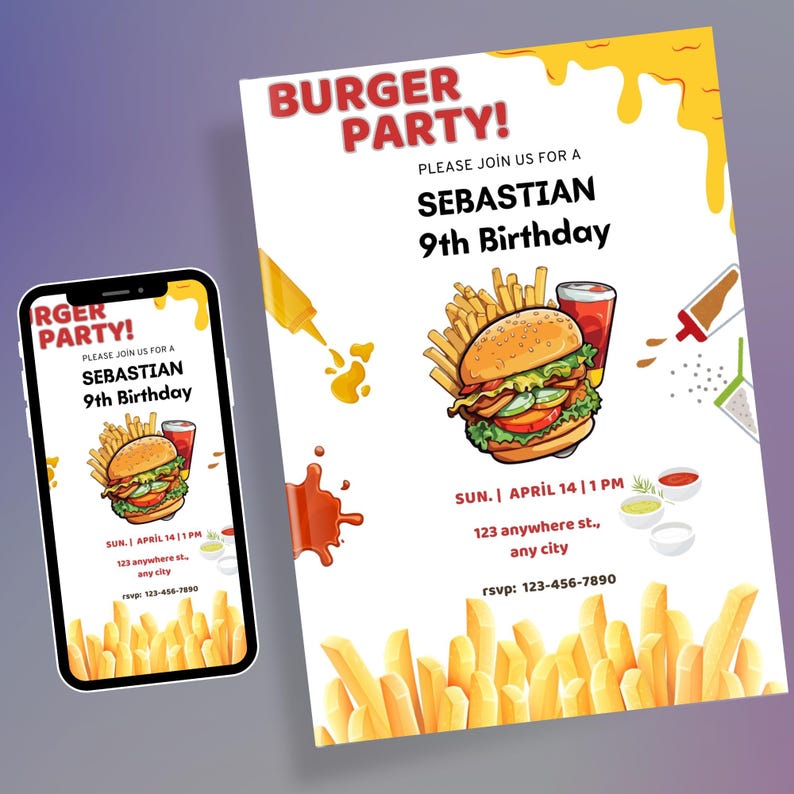 EDITABLE Burger Birthday Party Invitation, Burger Birthday Invitation ...