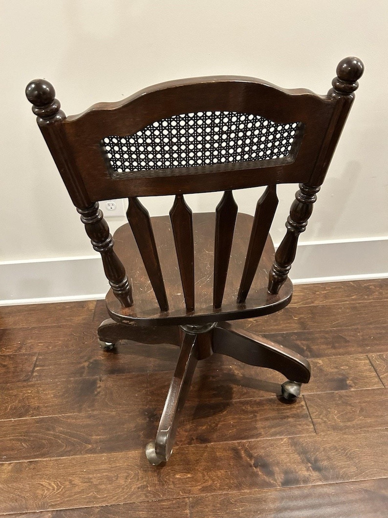 Antique Bankers Chair Rolling Swivel Slat Back Wood Lawyer Juror Walnut ...