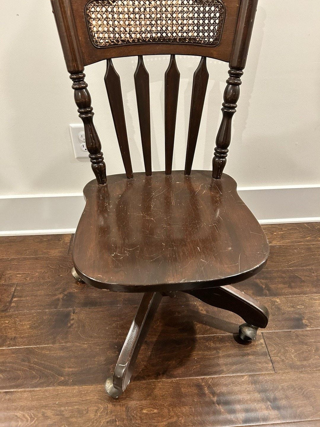 Antique Bankers Chair Rolling Swivel Slat Back Wood Lawyer Juror Walnut ...