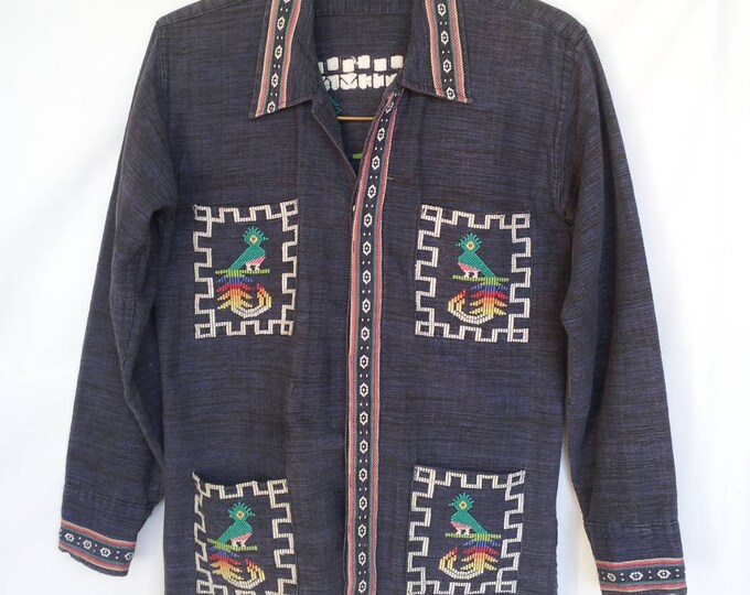 1960s 1970s Guatemalan Quetzal Bird Shirt Jacket Embroidered Blue ...