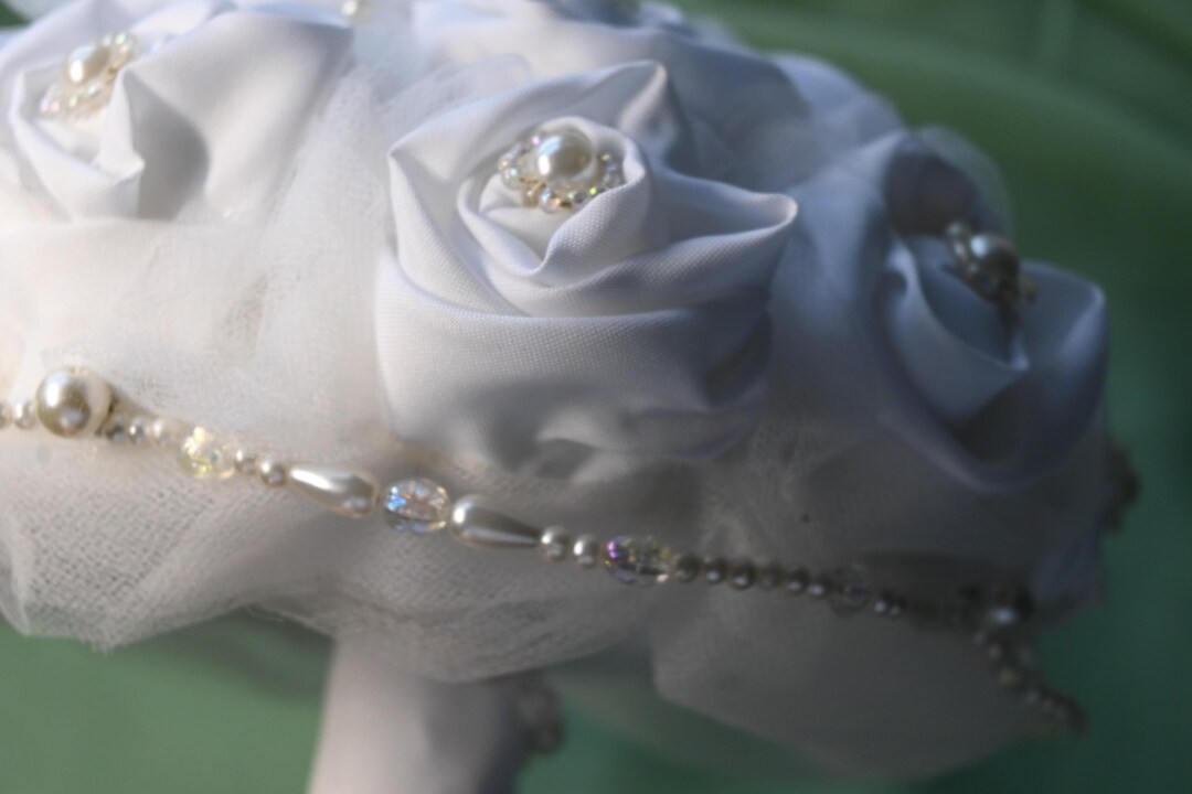 Classic White Fabric Flower Bouquet With Pearls and Tulle. Handmade ...