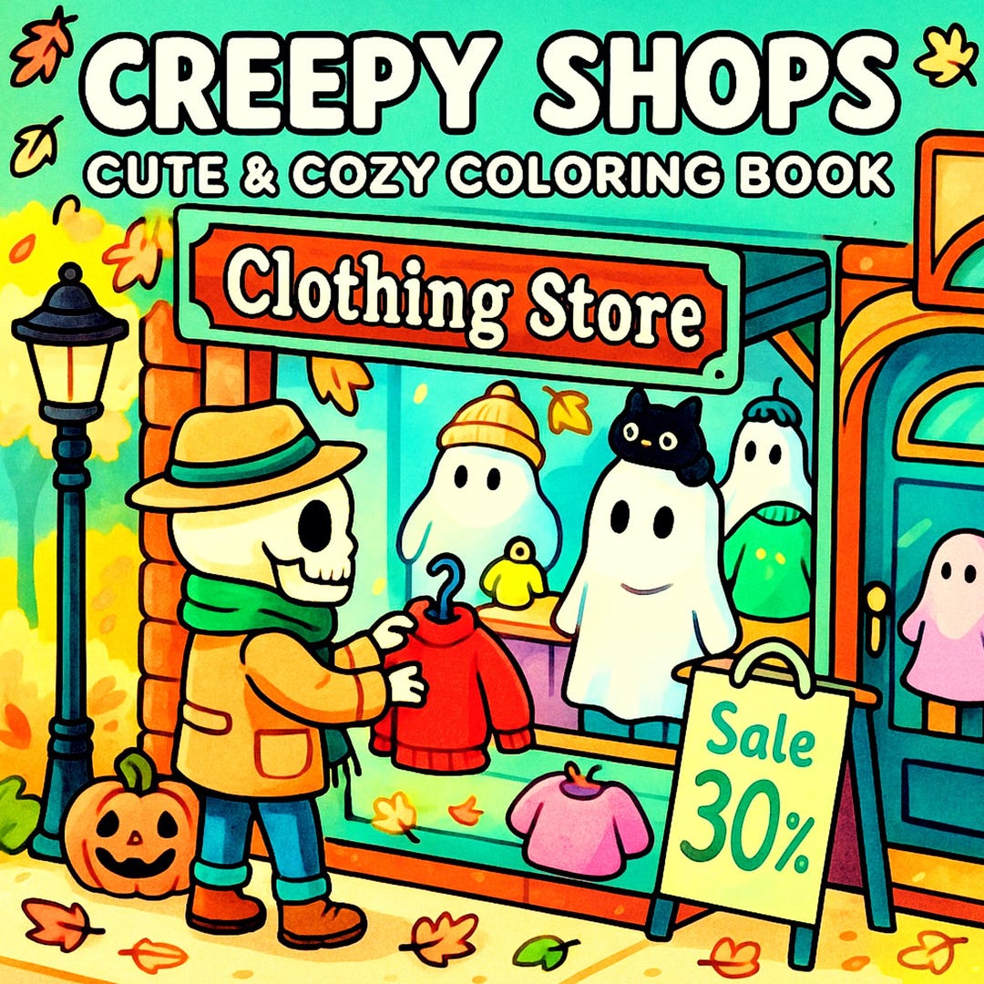 Creepy Shops Coloring Book PDF PNG, Spooky Cute Stores, Bold and Easy ...