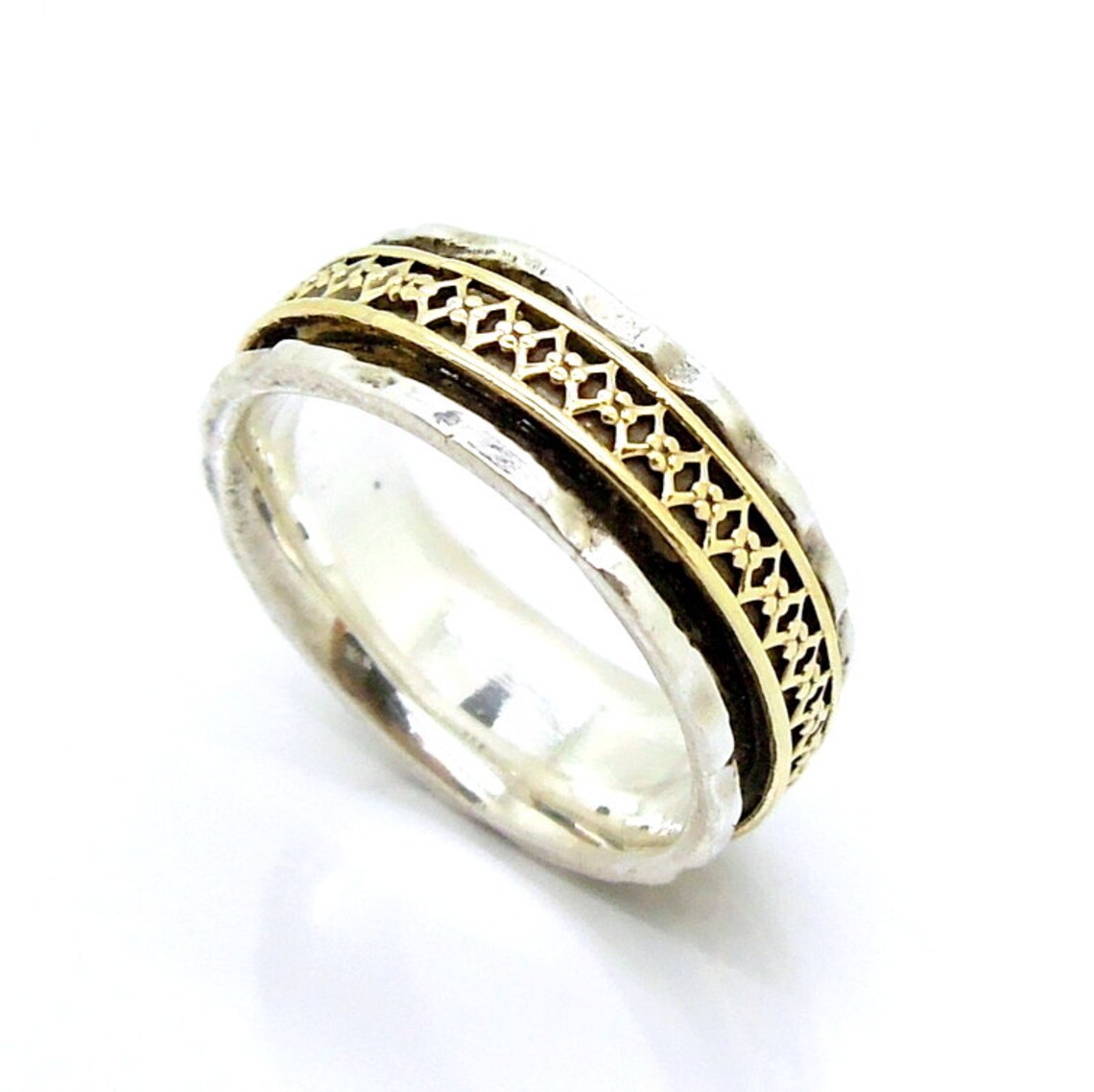 Silver ring with gold lace filigree inlay wedding band | Etsy