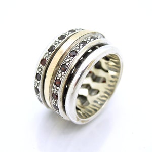 Wide Spinner Ring With Ruby in 925 Sterling Silver & 9K 9K Gold Swivel ...