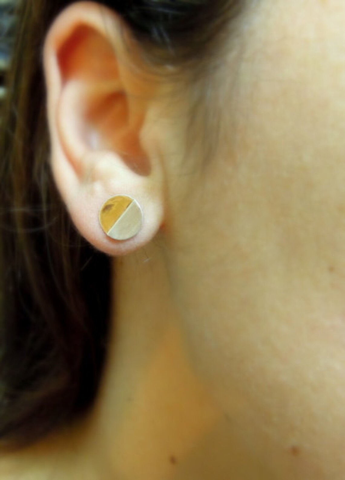 Round Hammered 9K Gold & 925 Sterling 925 Sterling Silver Post - Etsy