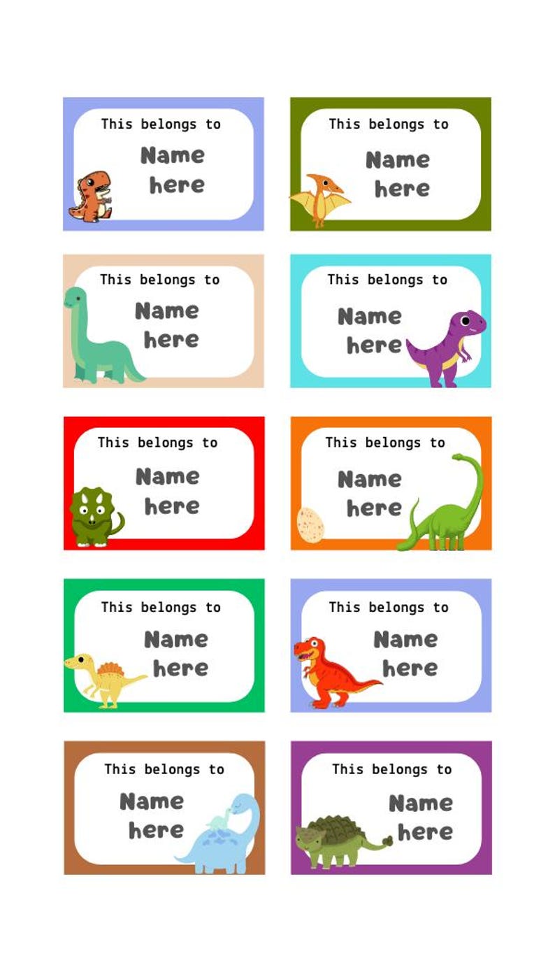 Ready-to-print Dinosaur Name Labels, Sticker Name Labels, Name Tags, ID ...