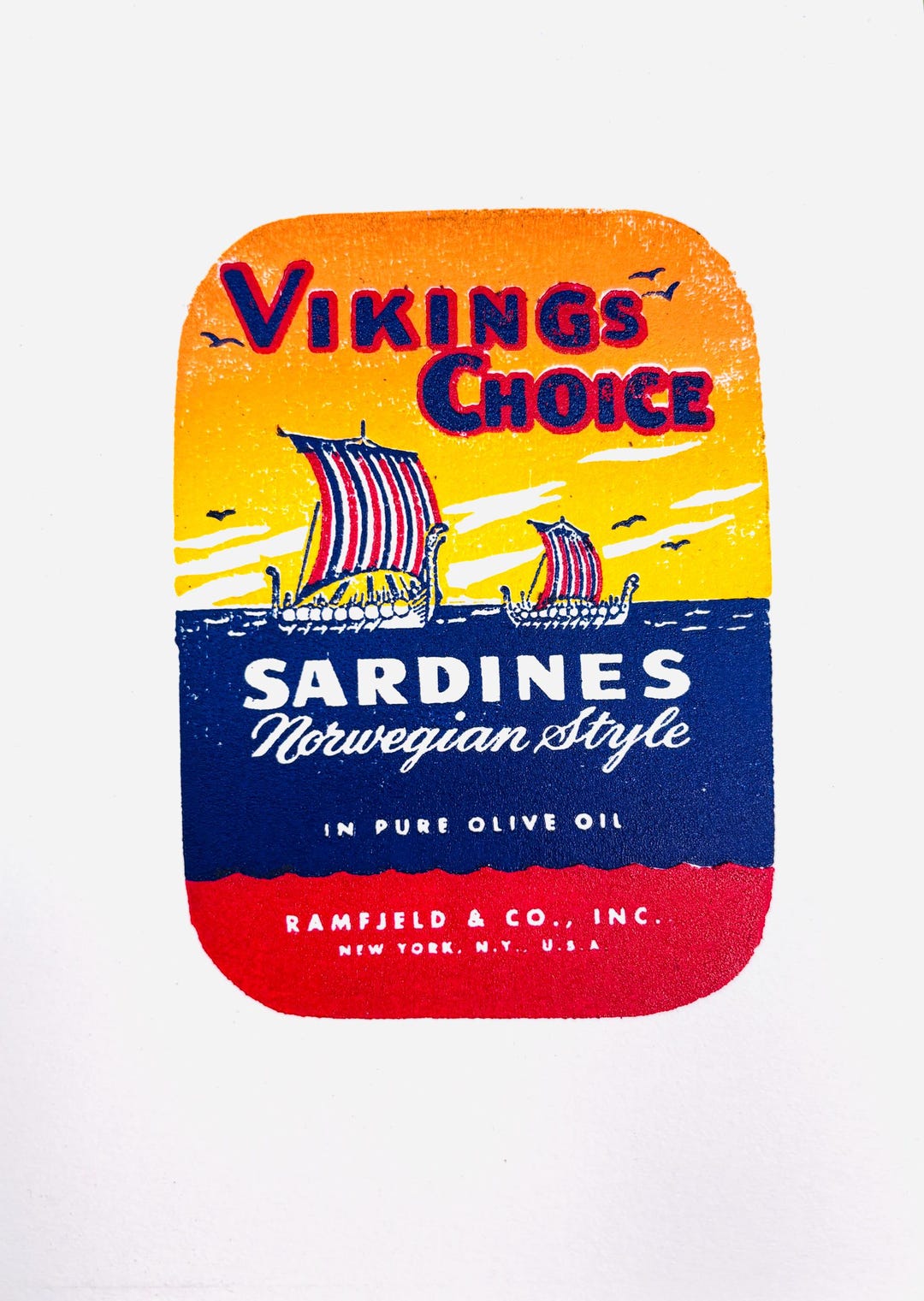 Sardine Can Label Woodblock Print, Sardines, Viking, Norway, Vintage ...