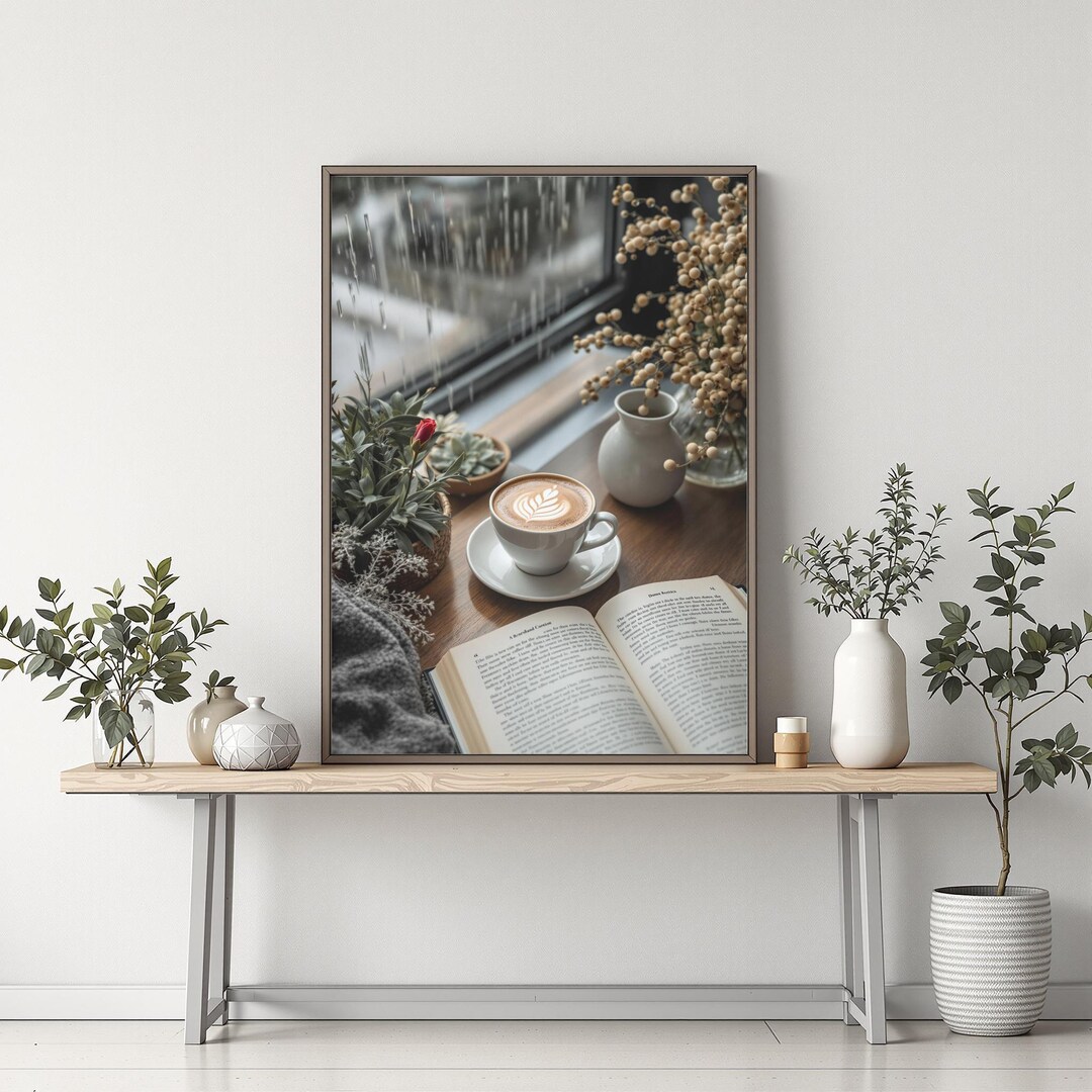 Digital Print of Rainy Café Scene - Artistic Latte Art and Books With ...