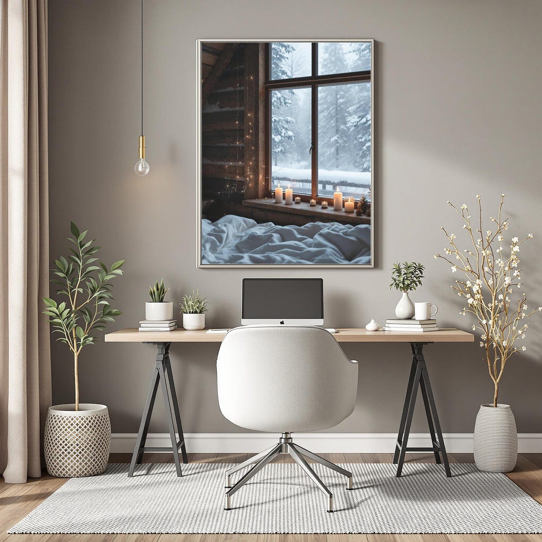 Rustic Cabin Digital Print | Windowpane Scenery Picture | Candlelit ...