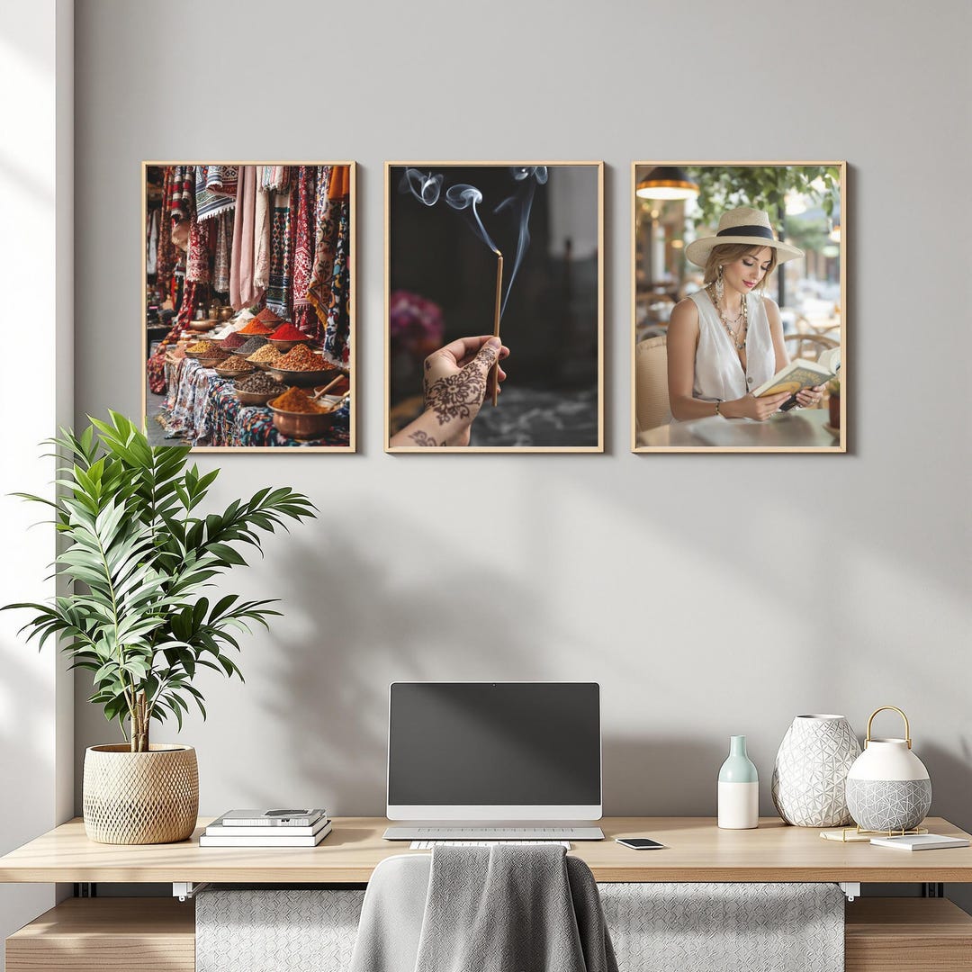 Digital Print Set: Henna Hand Art, Bohemian Cafe Scene, Moroccan Market ...