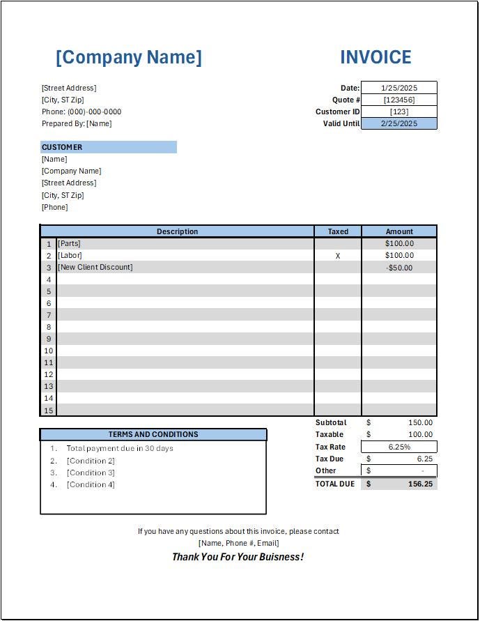 Excel Invoice Template, Professional Billing (XLSX) - Etsy