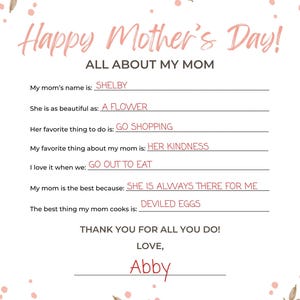 All About My Mom – Mother’s Day Printable | Digital Download PDF | Kids ...