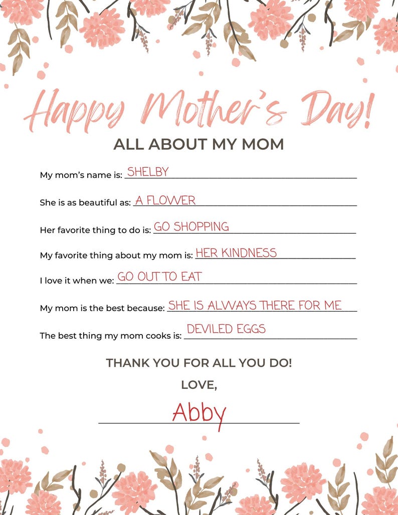 All About My Mom – Mother’s Day Printable | Digital Download PDF | Kids ...