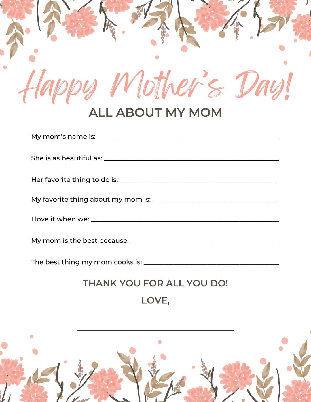 All About My Mom – Mother’s Day Printable | Digital Download PDF | Kids ...