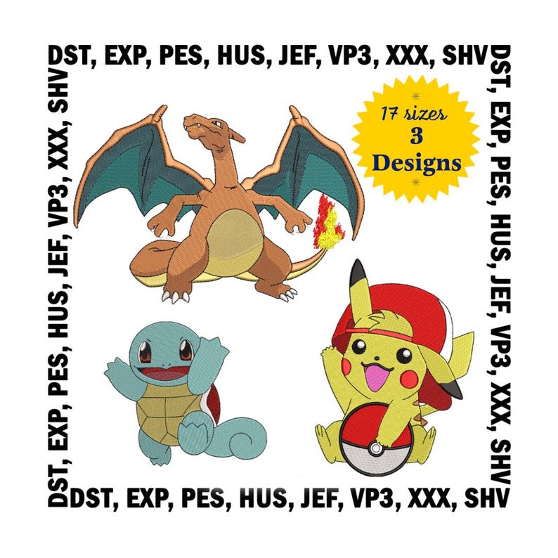 Pokemon Embroidery Design Set – Pikachu, Charizard, Squirtle (digital ...