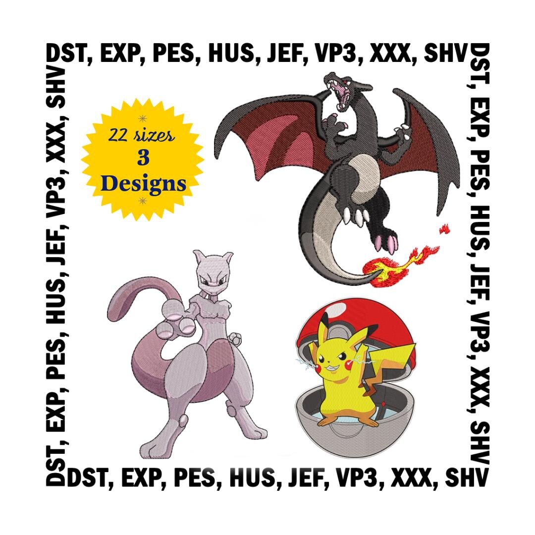 Pokemon Embroidery Design Set – Charizard, Mewtwo, Pikachu (digital ...