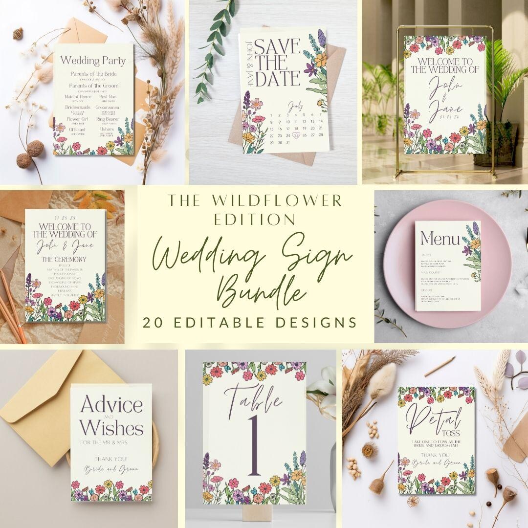 20 Pack Whimsical Wildflower Editable Wedding Sign Bundle, Wedding ...